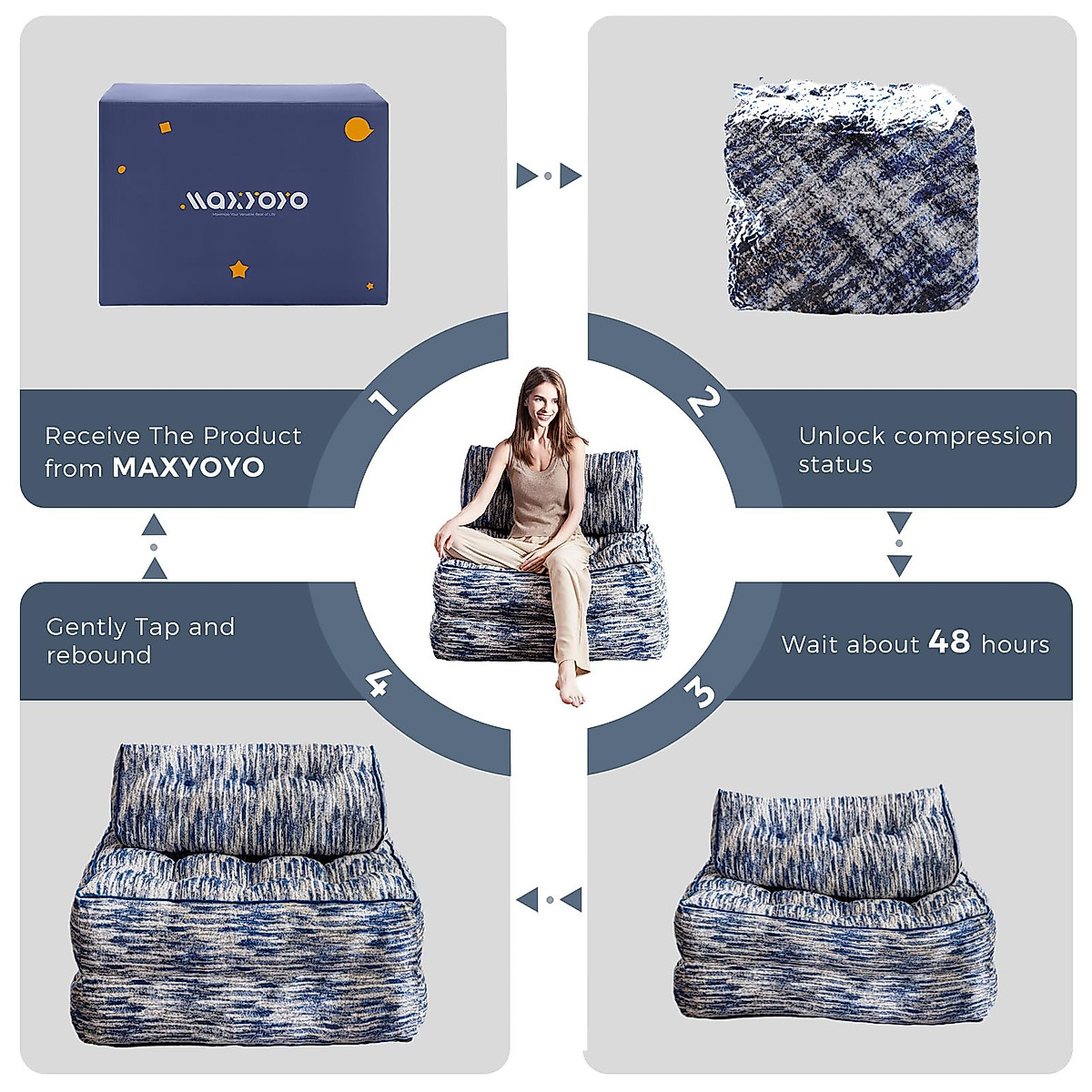 MAXYOYO Folding Sofa Bed, Convertible Sleeper Chair with Pillow, Soft Fold Out Chair Bed, Versatile Floor Sofa Lounge for Living Room Bedroom, Blue