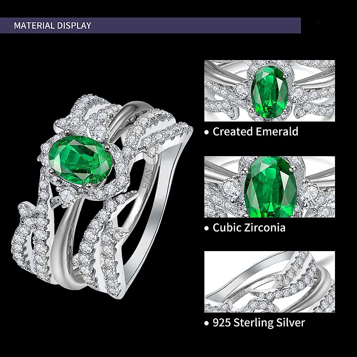 Yaresul 3pcs Silver Cubic Zirconia Wedding Ring Set for Women 5 * 8mm 925 Sterling Silver Green Created Emerald Ring Bridal Set Size 7
