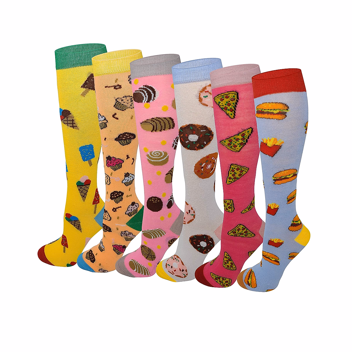 Kids Big Girls Youth Baby Children's Novelty Design Knee High Socks (M (Fit Kids Shoes 4 to 10), 6 Pairs Yummy Foods)