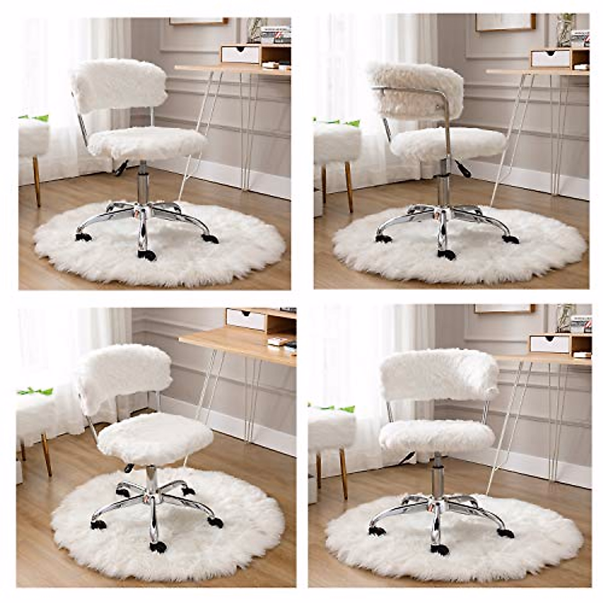 White Home Office Chair Cute Fluffy Vanity Chair with Back Task Upholstered Fur Armless Swivel Desk Chair for Study Room, Height Adjustable