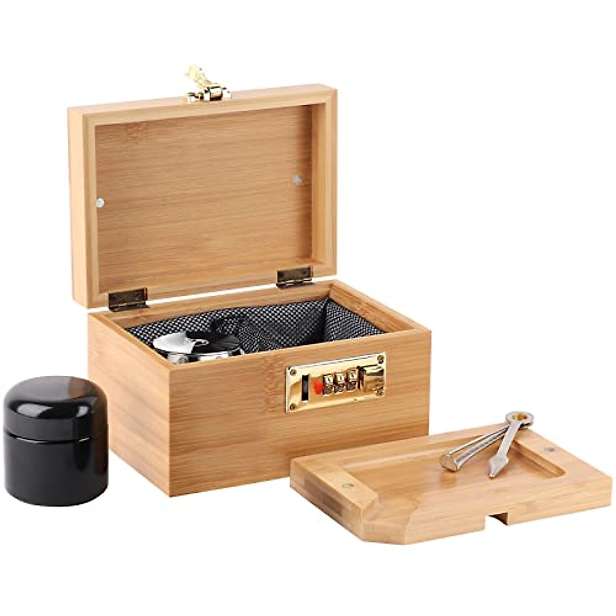 Bamboo Box with Combination Lock Decorative box for Home Locking Storage Bamboo Box Set with Glass Jar Tray Great Gift (M)