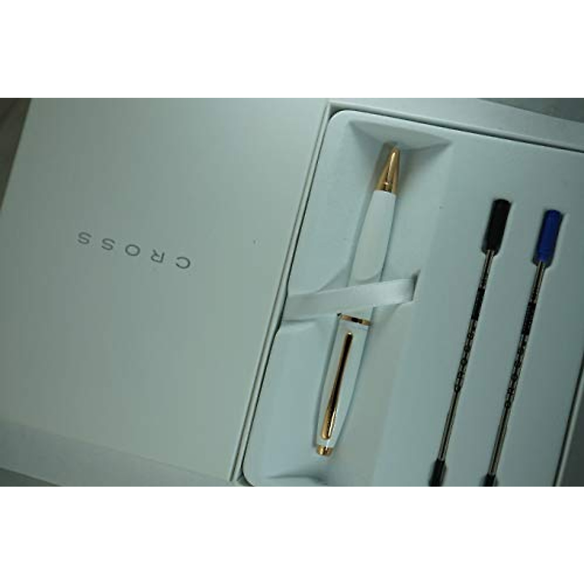 A.T. Cross Pearlescent White Medalist and 23KT Rose Gold Appointments and Cross signature mid Band Calaise Ballpoint Pen and two Bonus refills . A Gift Pen for Anyone and Any Occasion