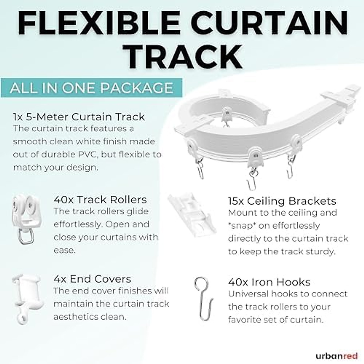 UrbanRed Flexible Bendable Ceiling Curtain Track, 5 Meters (16.4FT), Ceiling Track Ceiling Mount for Curtain Rail with Track Curtain System, RV Curtain Track, Room Divider, Ceiling Track for Curtains