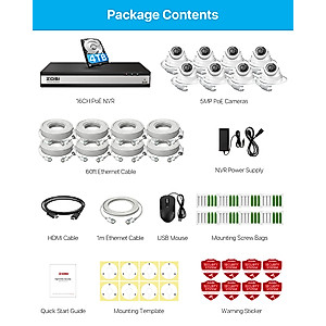 ZOSI 16CH 4K PoE Security Camera System, H.265+ 16 Channel 8MP NVR with 4TB HDD, 8pcs Wired 5MP Outdoor Indoor PoE IP Dome Cameras, Night Vision, Motion Alert, Remote Access, for 24/7 Recording