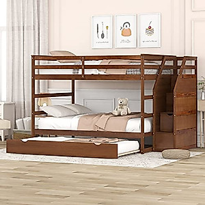 ODC Full Over Full Bunk Bed with Trundle,Solid Wood Stairway Bunk Bed with Twin Size Trundle and 3 Storage Stairs, Full Length Guardrail for Guests Room,Bedroom