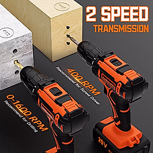 Drill Set, V VONTOX 20V Cordless Drill with 2 Batteries 2.0AH & Fast Charger, Home Power Drill 3/8" Keyless Chuck, 370 In-lb Torque, 2 Speed, 25+1 Position, 24pcs Drill for DIY