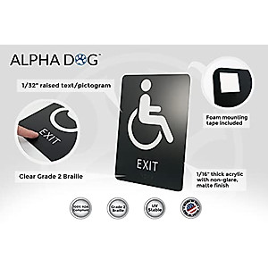 ALPHA DOG Handicap Exit Sign with Braille - ADA Compliant Tactile Exit Sign with Grade 2 Contracted Braille and Raised Text, 8x6 inch, UV Stable for Indoor or Outdoor Use, Made in the USA