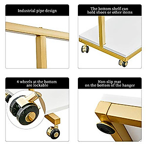 BOSURU Rolling Gold Clothing Racks on Wheels with Metal Pipes Modern Floor Standing Clothes Display Racks Hanging Clothes 4-Tier Garment Rack with Wood Shelves for Bedroom Living Room Cloth Store 59"