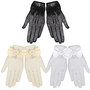 JenPen 3 Pairs Girl Net Lace Gloves Tea Party Gloves Kids Princess Gloves Bow Tie Gloves Communion Gloves for Little Girls Pearl Dress Gloves for Wedding Pageant for Girls Aged 4-16