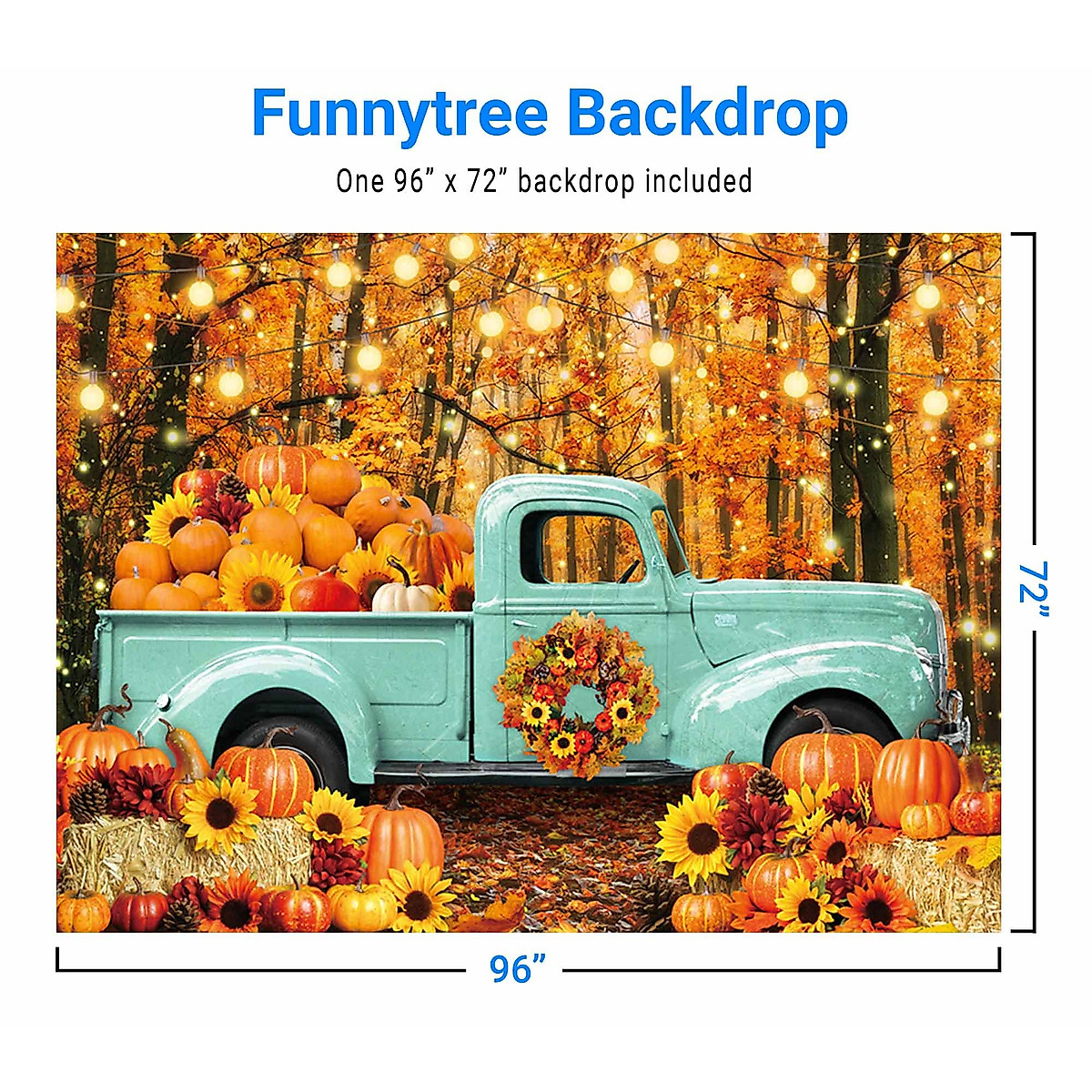 Funnytree 8 x 6 FT Autumn Forest Blue Truck Backdrop for Portrait Photography Picture Fall Harvest Pumpkin Farm Thanksgiving Day Baby Shower Friendsgiving Party Supplies Decoration Banner Background