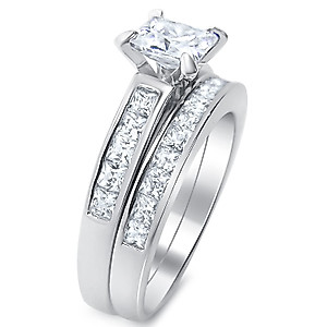 Sterling Silver Princess Cut Bridal Set Engagement Wedding Ring Set (Size 7)