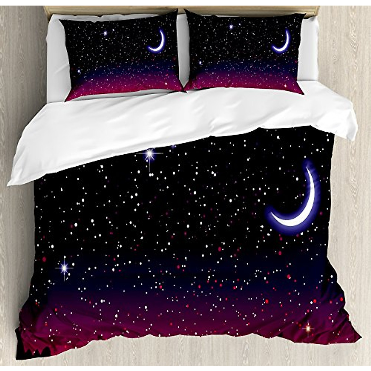 Ambesonne Night Duvet Cover Set, Red Sky at Starry Landscape and Mountains Astrology Astronomy, Decorative 3 Piece Bedding Set with 2 Pillow Shams, Queen Size, Indigo Magenta Black