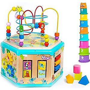 Pidoko Kids Wooden Activity Cube with 2 Tops - Montessori Center Birthday Gifts for 18 Months + Year Old Toddlers - Developmental Learning Baby Girl Boy Toys - Educational Bead Maze Set and Zoo Book