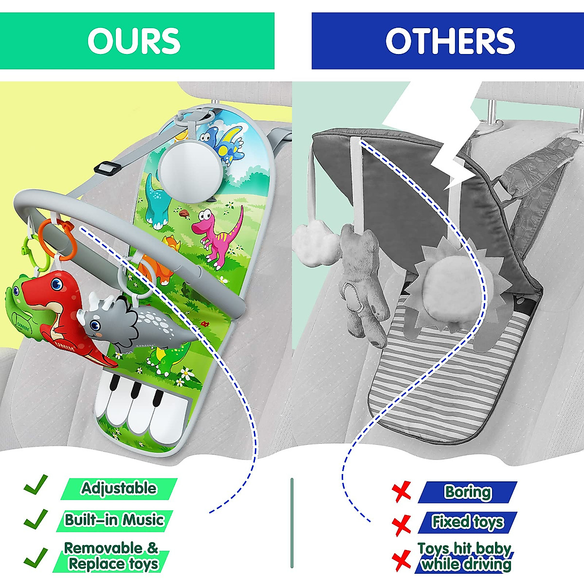 UNIH Car Seat Toys for Baby Infant 6 Months and Up, Adjustable with Baby Mirror and Hanging Squeaky Sensory Soft Toys 6 to 12 Months (with Music) Festival Prezzie for Kids