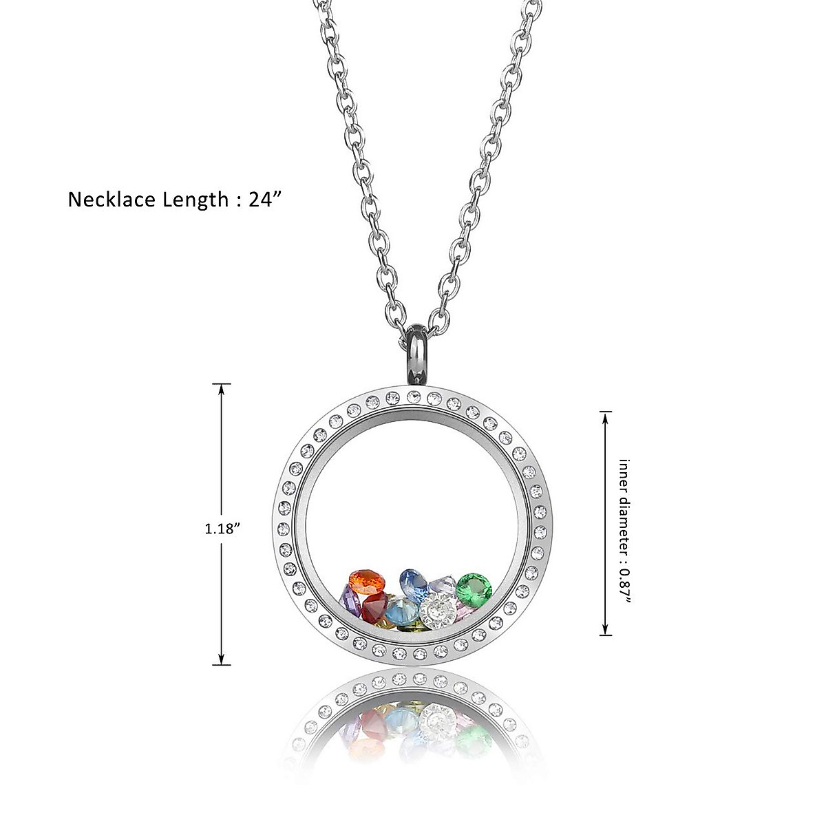 Jovivi 30mm Living Floating Memory Glass Locket Necklace - Stainless Steel Round Crystals Buckle Closure