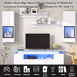 Merax 5 Pieces Floating Functional TV Stand Set, High Gloss Wall Mounted Entertainment Center with 16-Color LED Light Strips for 75+ inch Television, White-9