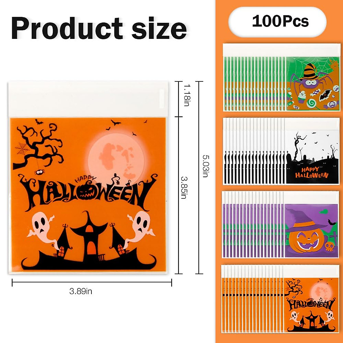 Halloween Treat Bags, 100PCS Self-sealing Halloween Candy Bags, Halloween Trick or Treat Bags Halloween Cellophane Treat Bags Bulk Halloween Decorations Gift Bags Halloween Goodie Snack Bags for Candy