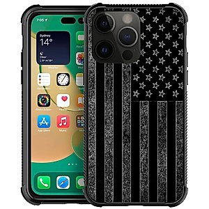 ZHEGAILIAN iPhone 14 Pro Max Case, Black and White American Flag, Shock-Absorbent TPU, Tempered Glass Back, 6.7-inch
