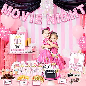 K KUMEED Movie Night Party Decorations-Pink Movie Night Banner Cute Popcorn Sign Ice Cold Drink Toppings Tent Cards Movie Night Stickers for Movie Theme Party Summer Ice Bar Film Party Supplies