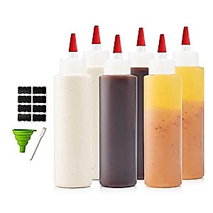 6-pack Premium Plastic Condiment Squeeze Squirt Bottles for Sauces, Paint,Oil, Condiments,Salad Dressings, Arts and Crafts - Food Grade-Includes Funnel, Erasable Marker and Reusable Labels (16 oz)