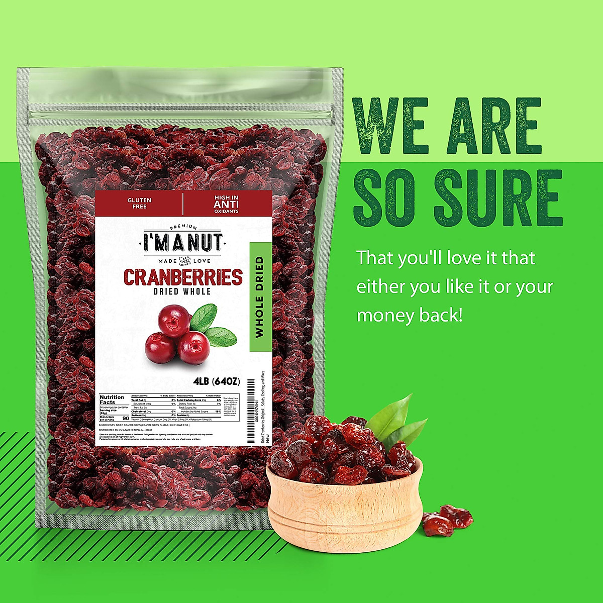 Dried Cranberries Original 4 lbs,(64oz) Batch Tested Gluten & Peanut Free | Resealable Bag | High in Antioxidant | Great for Salads Cooking, and Mixes/Sweetened