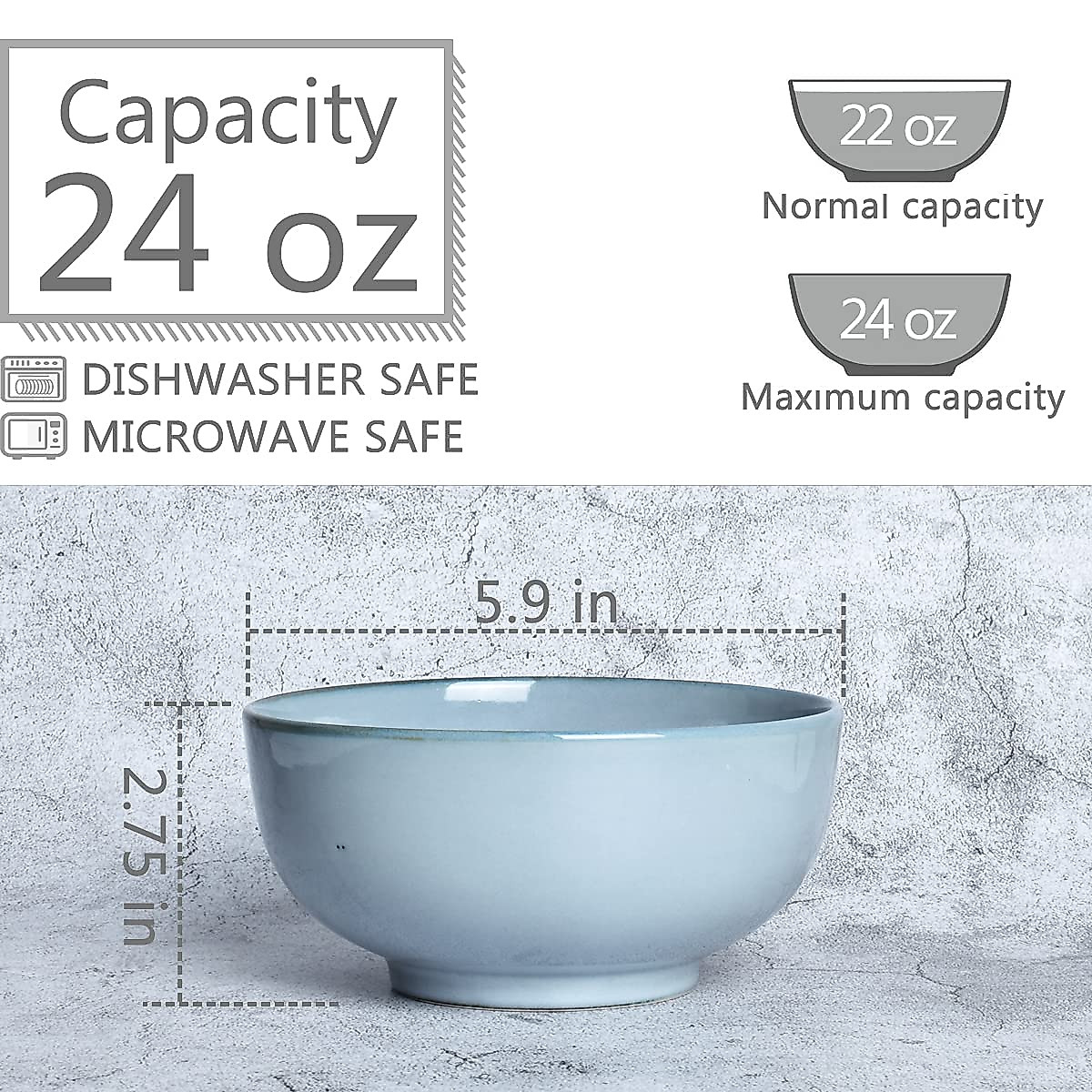 Bosmarlin Ceramic Bowl Set of 4, Dishwasher and Microwave Safe (5.75 Inches, Grey)