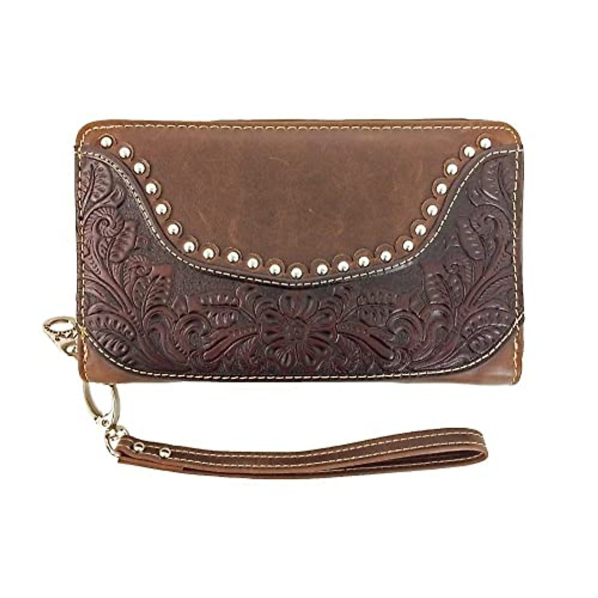 Montana West Ladies Wristlet Wallet 2-in-1 Western Tooled Genuine Leather Zippered Enclosure Brown