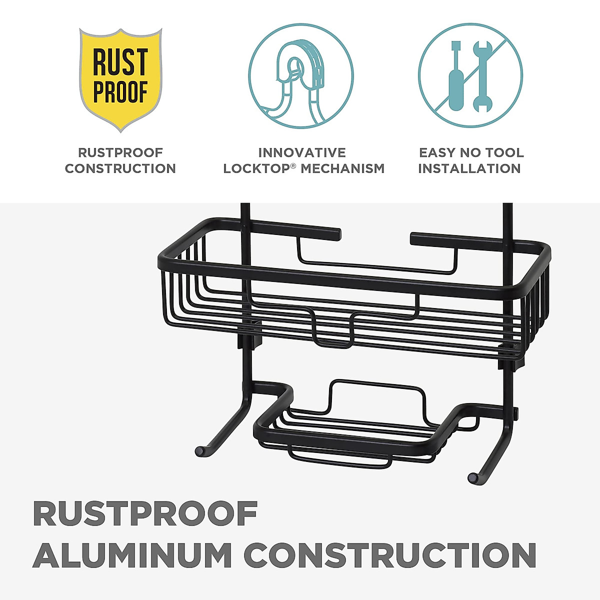 Zenna Home Rustproof Shower Caddy Hanging Bathroom Organizer, Aluminum Shower Rack with 2 Shelves and Built in Hooks, Premium Over Shower Head Storage System, Black