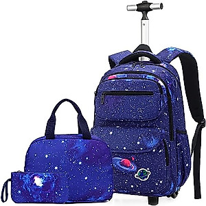 Meetbelify Backpack with Wheels for Boys Rolling Backpack Kids Luggage with Lunch Box Set for Elementary Students Travel Laptop Suitcase