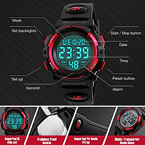 Digital Watch for Girls Ages 4-15, Kids Red Digital Sports Waterproof Outdoor Analog Electronic Watches with Alarm Stopwatch, Children Birthday Presents Gifts Toys for Age 4-12 Year Old Boys Girls