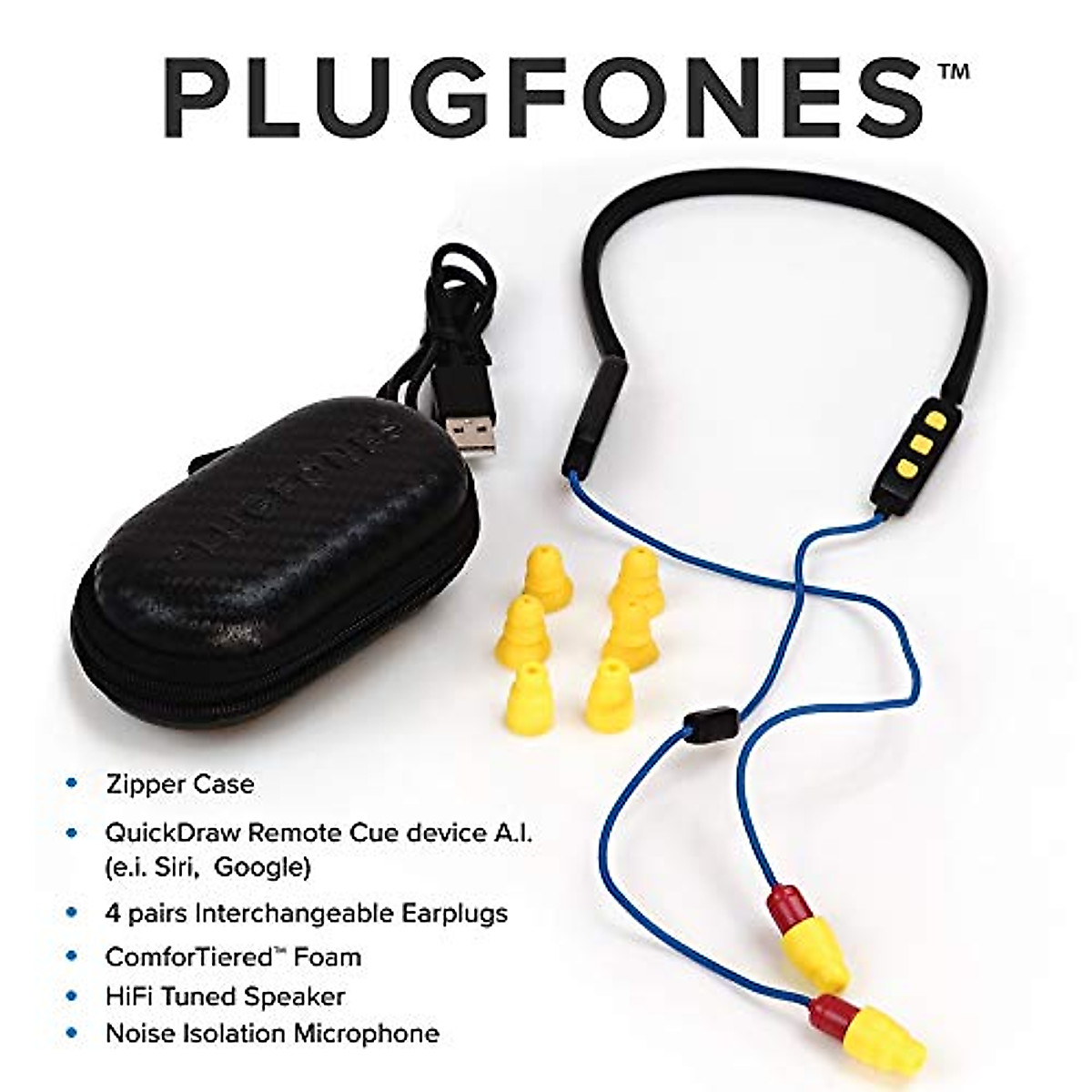Plugfones FreeReign Volume Limited Wireless Bluetooth in-Ear Earplug Earbuds - Noise Reduction Headphones with Noise Isolating Mic and Controls, Blue & Yellow