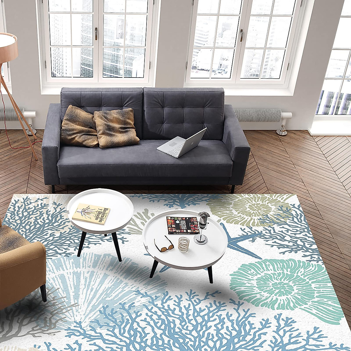 Debedcor Blue Coral Area Rug for Living Room, Coastal Ocean Nautical Rectangular Indoor Carpet - 2' x 3', Summer Starfish Shells Marine Themed Non-Skid Bathroom Mat Kitchen Runner Rugs for Bedroom