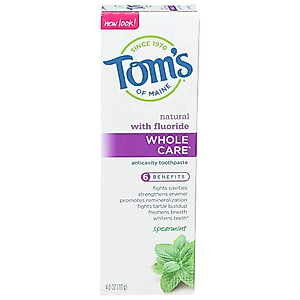 Toms of Maine Natural Whole Care Spearmint Anticavity Toothpaste with Fluoride, 4 Ounce - 6 per case.