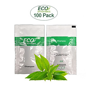 ECO amenities Hotel Mini Shampoo Sachets for Guests - Refreshing Green Tea Scented Toiletries for AirBnB & Rentals - 0.35 fl oz (10ml), 100 Pack