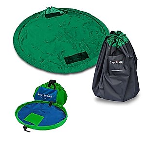 Lay-n-Go 2-in-1 Small Portable Drawstring Toys Storage Organizer and Play Mat for Room and Travel, Made for Kids and Toddlers with a Durable Patented Design, 18 inch, Green/Blue + 60" Green