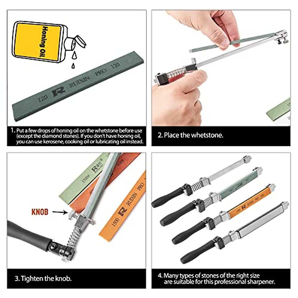 RUIXIN PRO RX-008 Professional Knife Sharpener with 7 Whetstones, 360° Rotation Flip Design Fixed-Angle Stainless Steel Kitchen Chef Knife Sharpening Kit Abrasive Holding System Tools