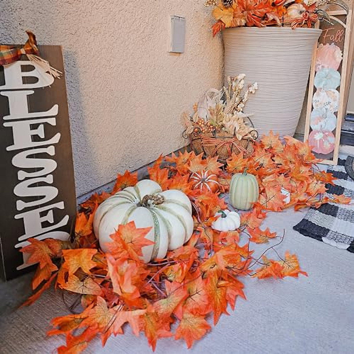 CQURE 14 Pack 98Ft Fall Leaf Garland, Hanging Vines Garland Artificial Fall Maple Leaves Garland Thanksgiving Decor for Home Wedding Fireplace Party （Orange Green）