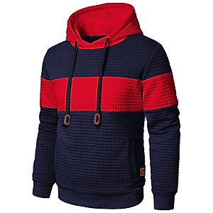 Qichic Mens Casual Pullover Hoodies Long Sleeve Hooded Sweatshirts Navy Red XL
