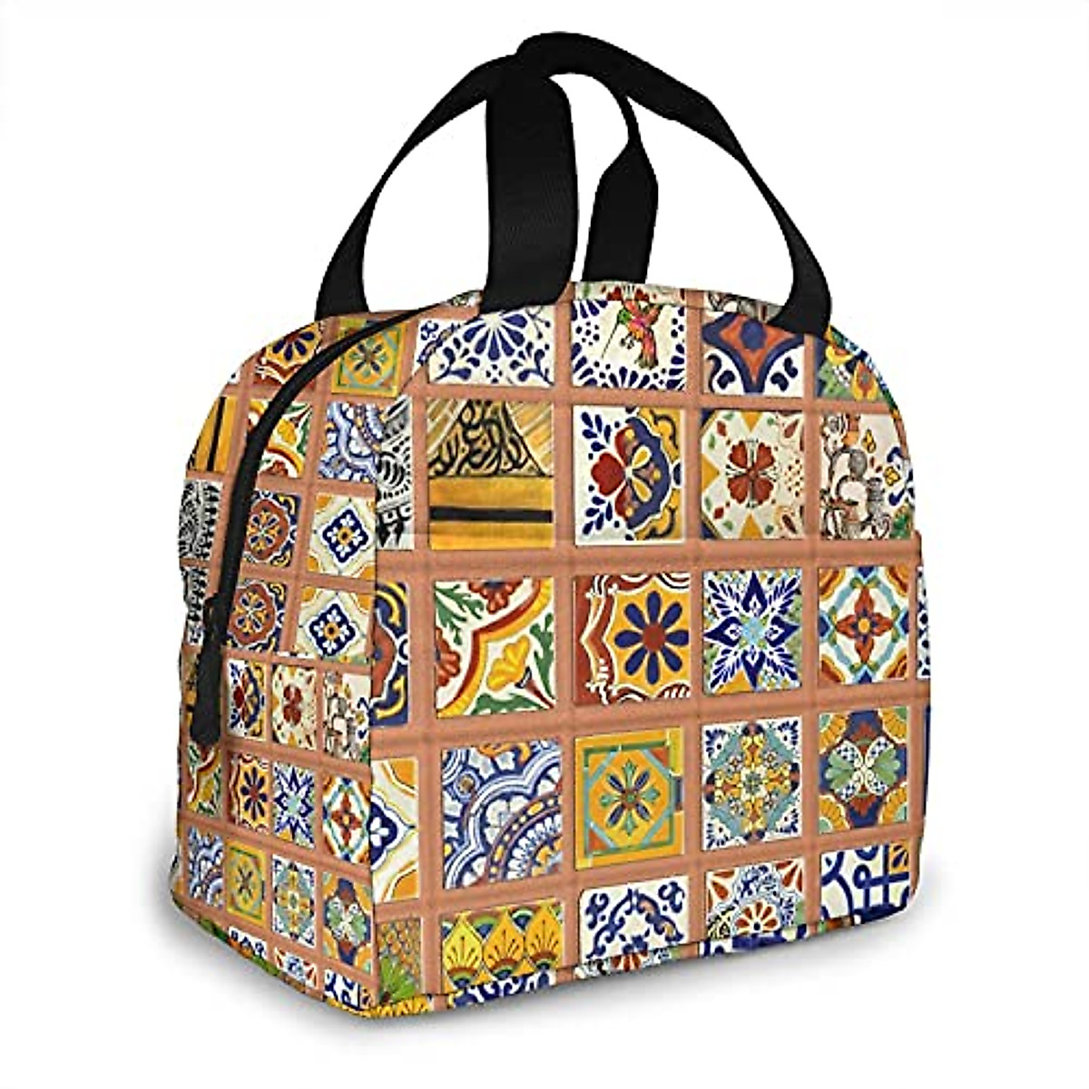 TTLIVEVIP Yellow Lunch Bag for Women, Insulated Lunch Box Reusable Lunch Cooler Tote Bag Thermal Lunchbag for School Picnic Work, Mexican Tiles