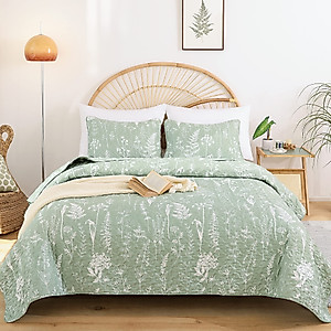 JANZAA Quilts Queen Size Sage Green Quilt Botanical with Floral Pattern Microfiber Bedspreads Queen Size 3 Pieces Lightweight Comforter Reversible Bedding Set with 2 Pillow Cases
