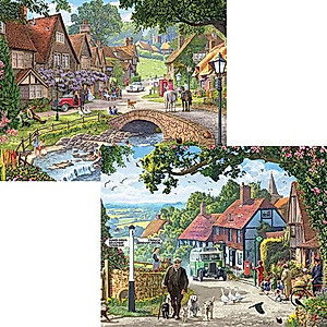 Bits and Pieces – 4-in-1 Multi-Pack 500 Piece Jigsaw Puzzles for Adults – Village Life by Artist Steve Crisp, Completed Puzzle Size: 16" x 20"