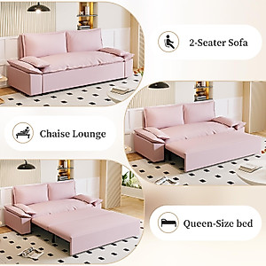 Rovibek 3 in 1 Convertible Sleeper Sofa Bed Queen Size Pull Out Couch Futon Loveseat Velvet Chaise Lounge 2 Seat for Living Room Apartment Small Space, Pink