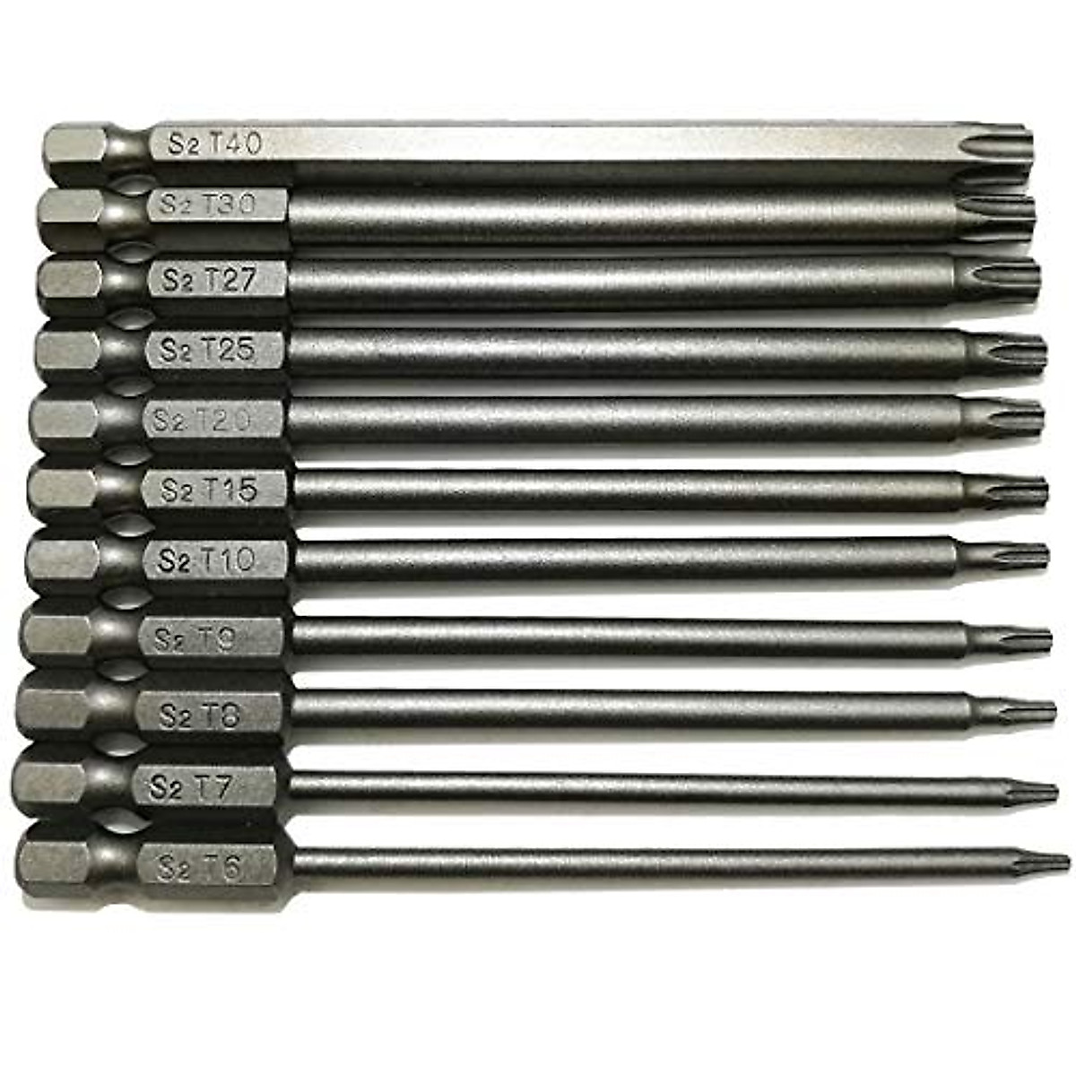 YDLQWCZ Long Torx Security Head Screwdriver Drill Set 1/4 Inch Hex Shank T6 T7 T8 T9 T10 T15 T20 T25 T27 T30 T40 11 Pieces 4 Inch Length S2 Steel Torx Screwdriver Bit Set (11pcs Torx Head 100mm)