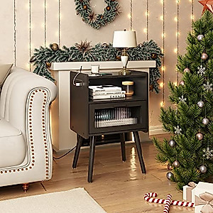 SOOWERY Mid Century Modern Nightstand with Charging Station, Bedside Tables with Glass Drawer, End Table Side Table with 2 Tiers Storage Space, for Bedroom, Living Room, Black