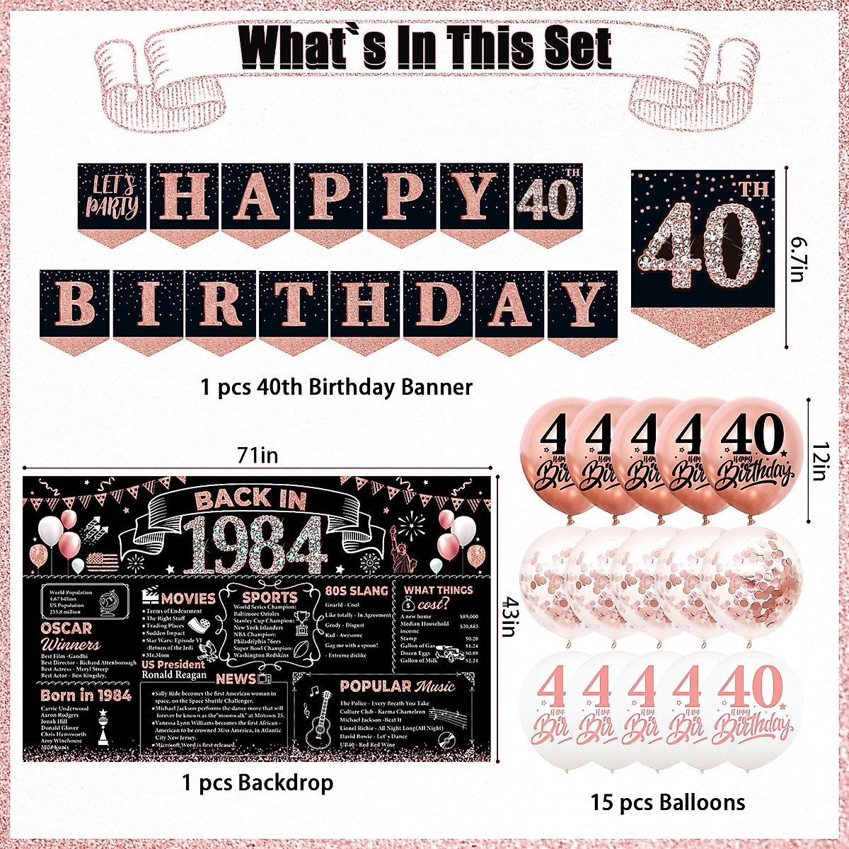Cocomigo 40th Birthday Decorations Woman, 1984 40th Birthday Banner, Rose Gold 40th Birthday Decorations 40th Birthday Sash 40th Birthday Balloons Hanging Swirls 40th birthday decorations
