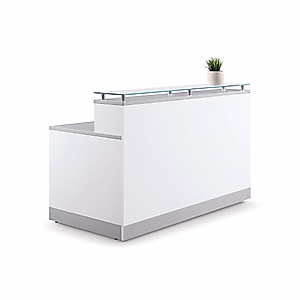 nbf signature series Esquire Glass Top Reception Desk - 63" W x 32" D White Laminate/Silver Laminate Desktop Kickplate and Accents/Glass Top