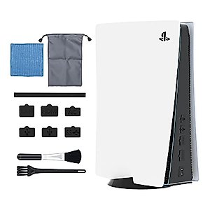 FUNDIARY Dust Plug Kit for PS5 Console, Silicone Dust Protector and Cleaning Accessories for PS5, 7 Port Dustproof Plugs, 2 Brushes, 1 Rag and 1 Drawstring Accessories Storage Bag - Black