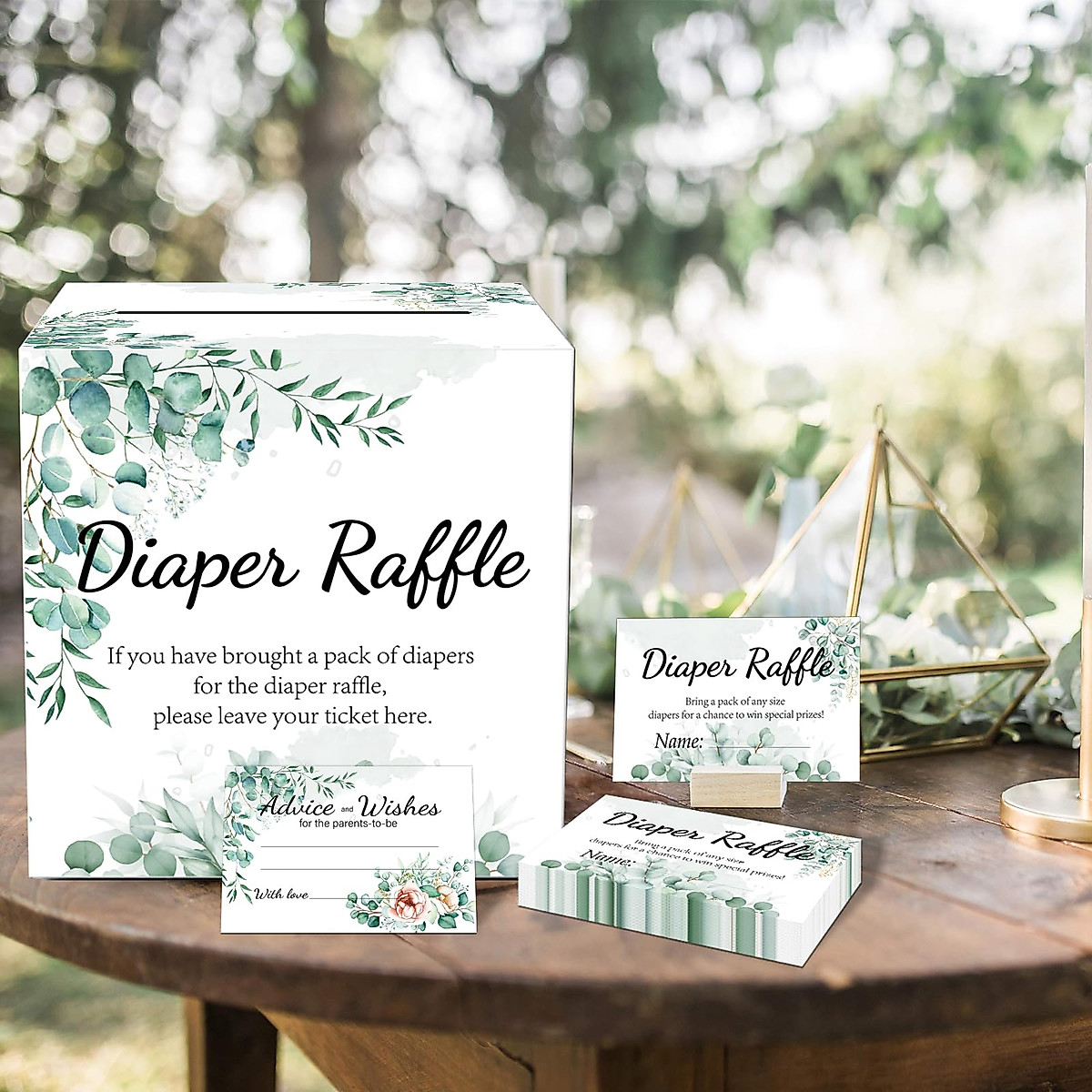 50 Pcs Greenery Diaper Raffle Card Box for Baby Shower, Diaper Raffle Tickets with Advice and Wishes for the Parents-to-be, Baby Shower Card Box Party Decorations, Party Favors Decorations Supplies
