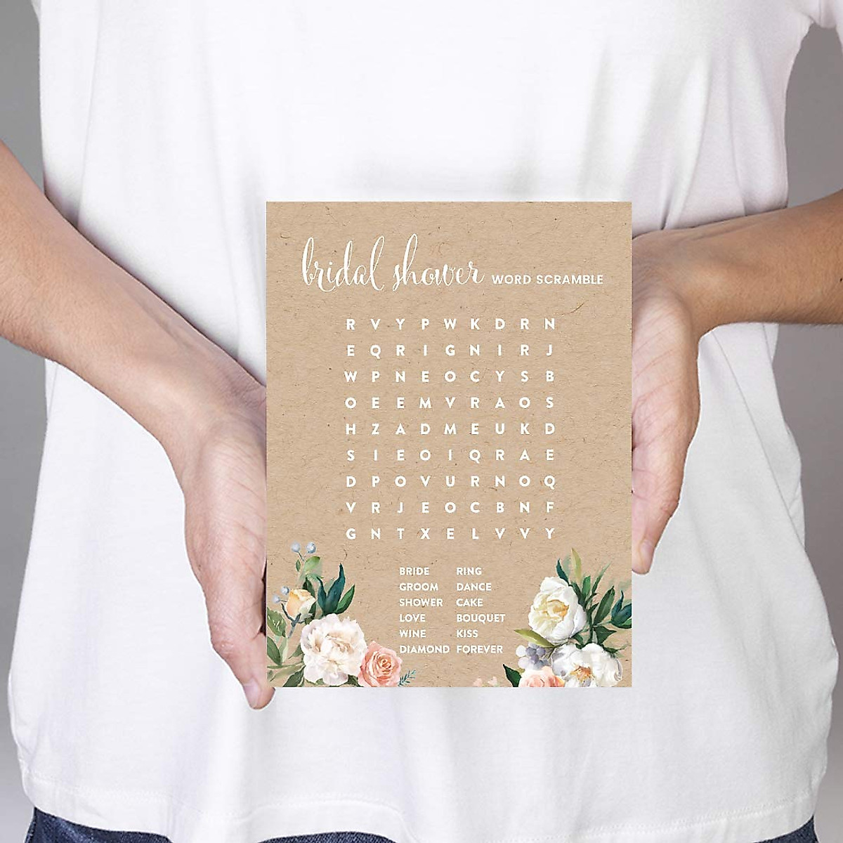 Andaz Press Peach Coral Kraft Brown Rustic Floral Garden Party Wedding Collection, Word Search Bridal Shower Game Cards, 20-Pack