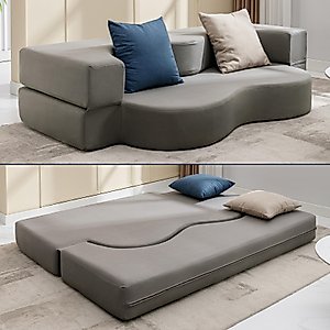 Mjkone Folding Sofa Bed, Fold Out Futon Sofá Bed, Foldable Floor Couch Bed with Memory Foam, Convertible Full Sleeper Couch Bed, Stylish Lazy Sofa Bed for Living Room, Guest Room-Light Gray